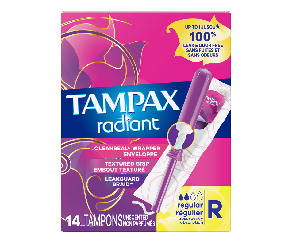 Radiant Tampons Regular Absorbency, Unscented, 14 units – Tampax ...
